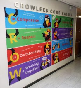 Eye-catching core value wall graphics engage school pupils to learn
